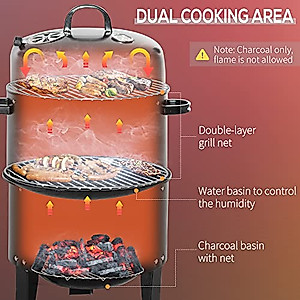 Outsunny Vertical Charcoal BBQ Smoker, 3-in-1 16" Round Charcoal Barbecue Grill with 2 Cooking Area, and Thermometer for Outdoor Camping Picnic Backyard Cooking, Black