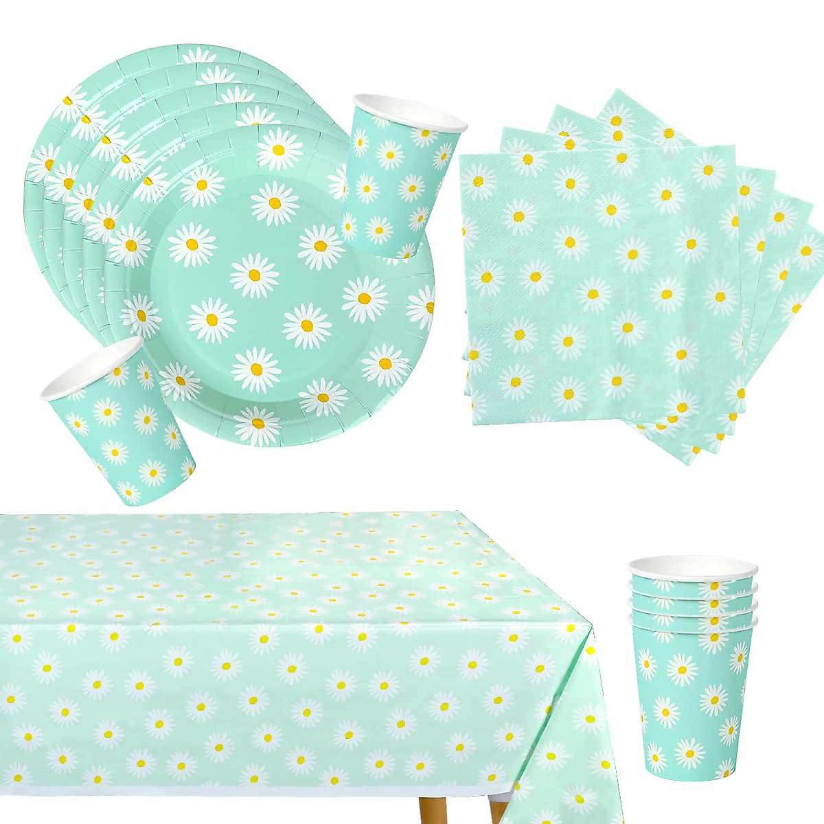 Daisy Birthday Party Decorations Tableware White Daisies Flowers Supplies Set of 16 Disposable Paper Plates Cups Napkins and a Tablecloth for Spring and Summer Theme Parties Baby & Bridal Shower