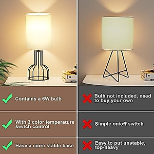 Bedside Table Lamp for Bedroom - Small Lamp with 3 Color Modes-3000K-4000K-5000K Nightstand Lamp with Simple Black Metal Base and White Fabric Shade for Kids, Living Room，Bedroom (LED Bulb Included)
