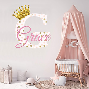 Girls Nursery Personalized Polka Dot Initial and Glitter Crown Custom Name Vinyl Wall Decal, Decor Wall Stickers (Medium)