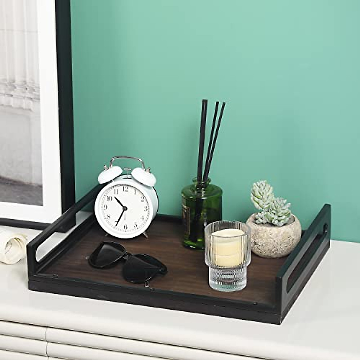 MyGift Large Wood Serving Tray, 16 x 12 Inch Matte Black Metal and Burnt Brown Wooden Party Server Tray, Decorative Ottoman Tray with Cutout Handles