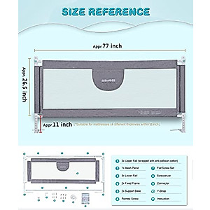 MBQMBSS 77" Bed Rail for Toddlers, Toddler Bed Rails for Queen Bed, Sturdy Baby Bed Rail Guard for King Size Bed, Extra Tall Bed Railing for Kids, Protective Bed Rail for Baby