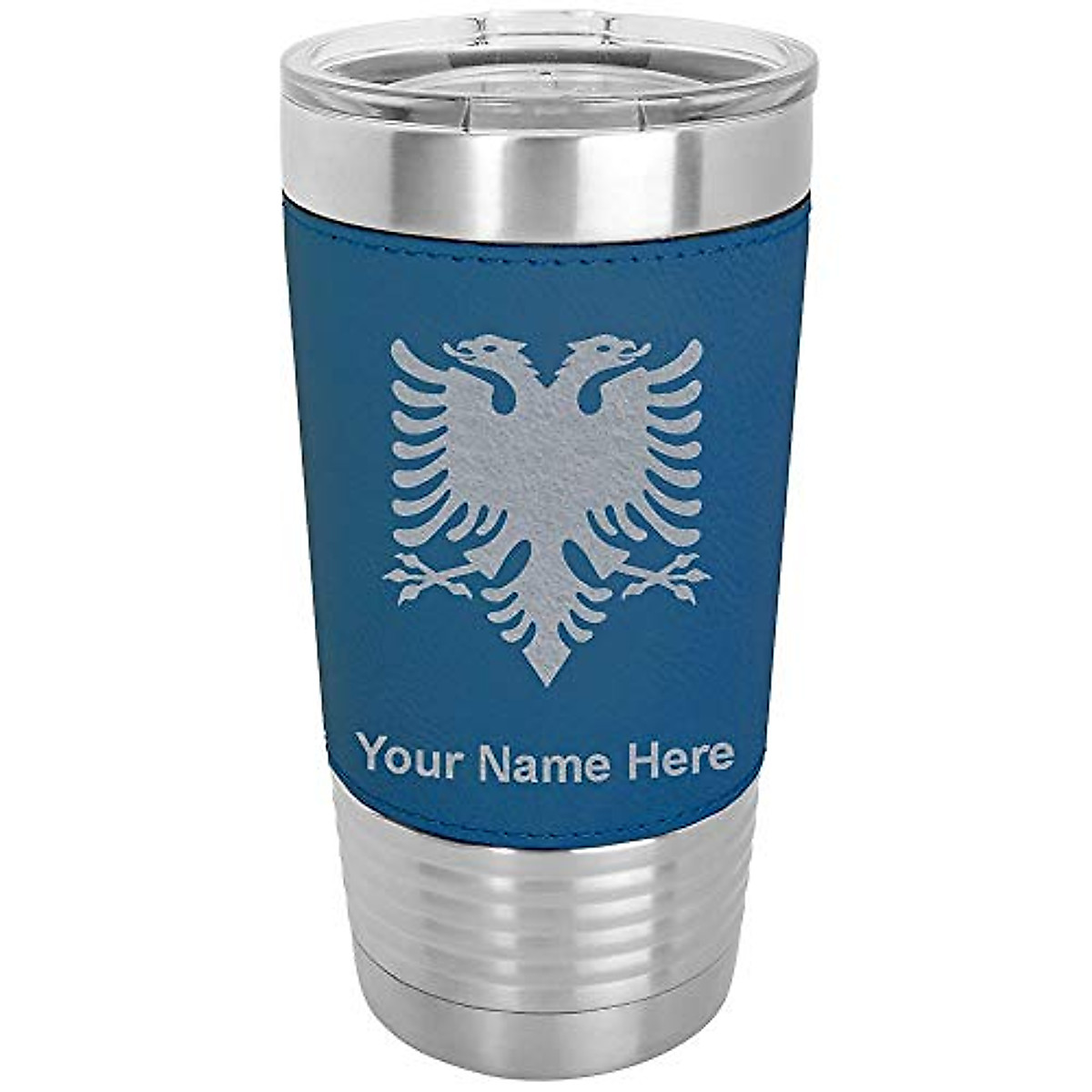 LaserGram 20oz Vacuum Insulated Tumbler Mug, Flag of Albania, Personalized Engraving Included (Faux Leather, Blue)