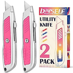 DIYSELF 2 Pack Box Cutter, Aluminum Utility Knife, Box Cutter Retractable, Sturdy Razor Knife for Cardboard, Boxes, Packages, Papers, Cartons, Box Cutter Knife, Navajas de Trabajo, Pink Knife