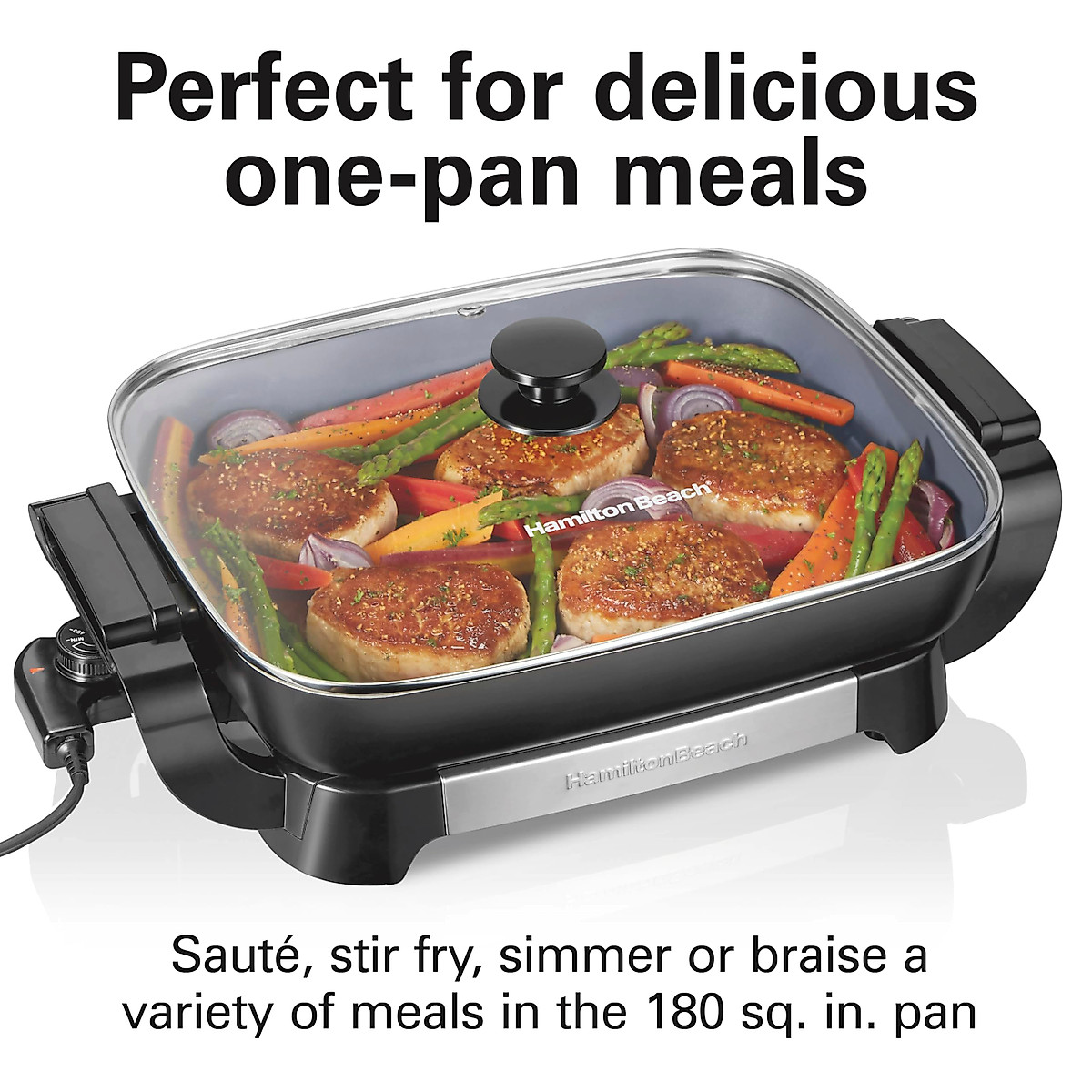 Hamilton Beach Electric Skillet with PFAS-Free Durathon Ceramic Coating, Removable 12x15” Pan, Adjustable Temperature, Reversible Design, Tempered Glass Lid, Black Nonstick Surface (38531)