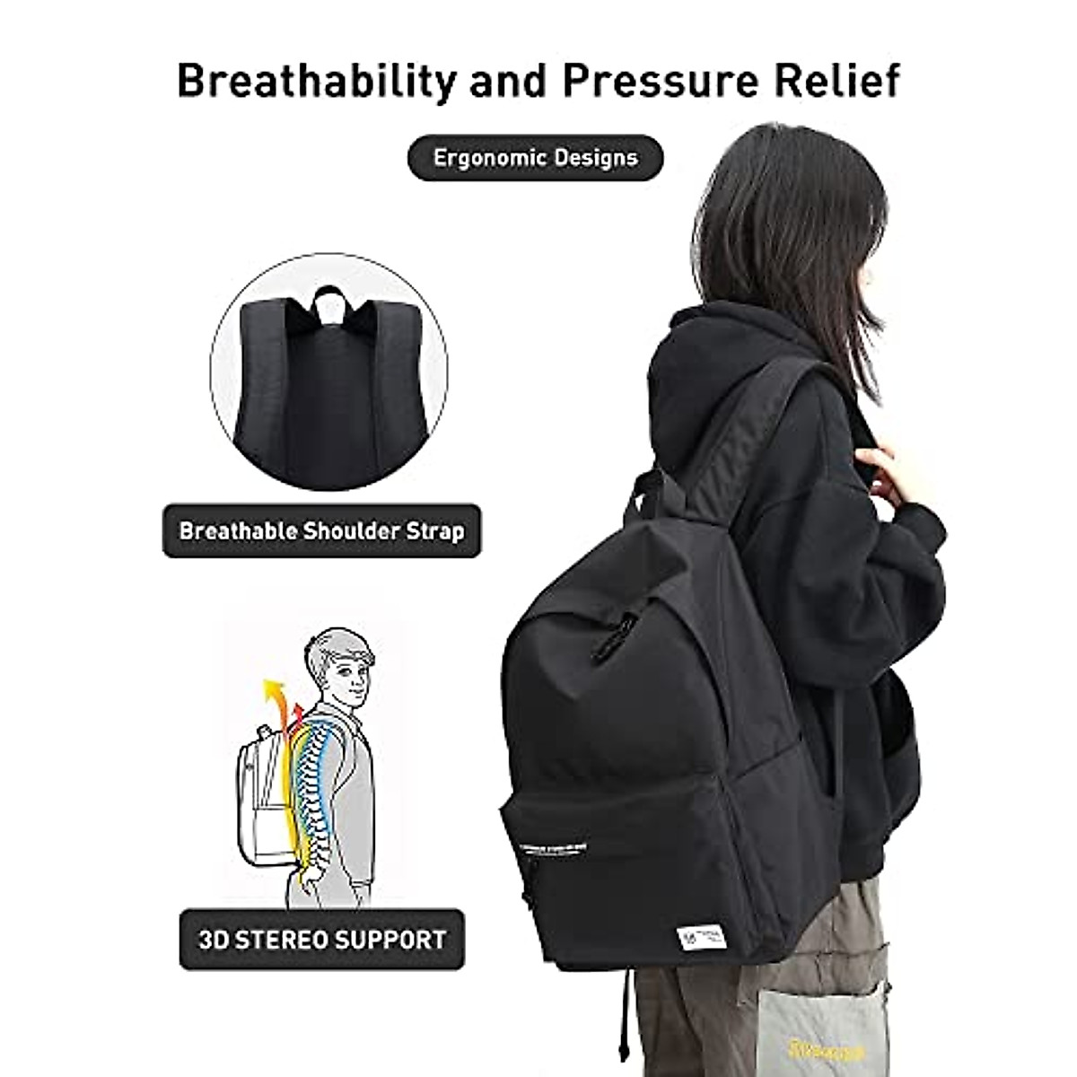 CAMILLEMMA Black Simple Cute Backpack for Teen Girls Boys, Casual Daypack High School Bookbag for Women Men, Lightweight Travel Laptop Back Pack Classic Basic College Backpack