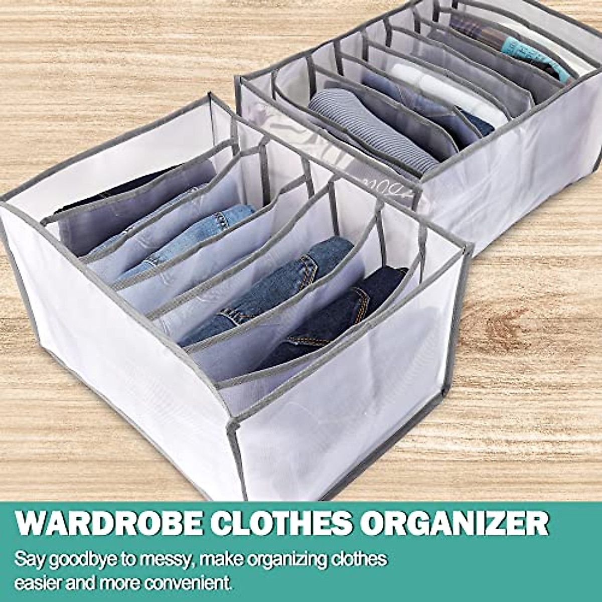 2 Pcs Wardrobe Clothes Organizer Upgrade Foldable Pants Clothes Drawer Organizers Large Washable Compartment Storage Box for Jeans T-shirts Leggings(7 Grids)