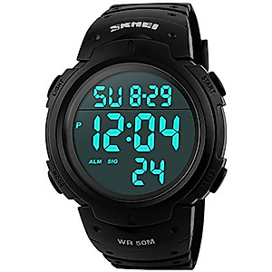 PASOY Mens Women Digital Watch Big Dial Light LED Swim Waterproof Rubber Band Alarm Black LED Watches 50MM (Black)
