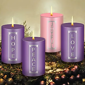 MTLEE Set of 4 Christmas Advent Candles with Words Pillar Candles Advent Wreath Candles for Adult Home Wedding Advent Rings Wreaths Church Receptions Celebrations, Purple Pink (2 x 3'')