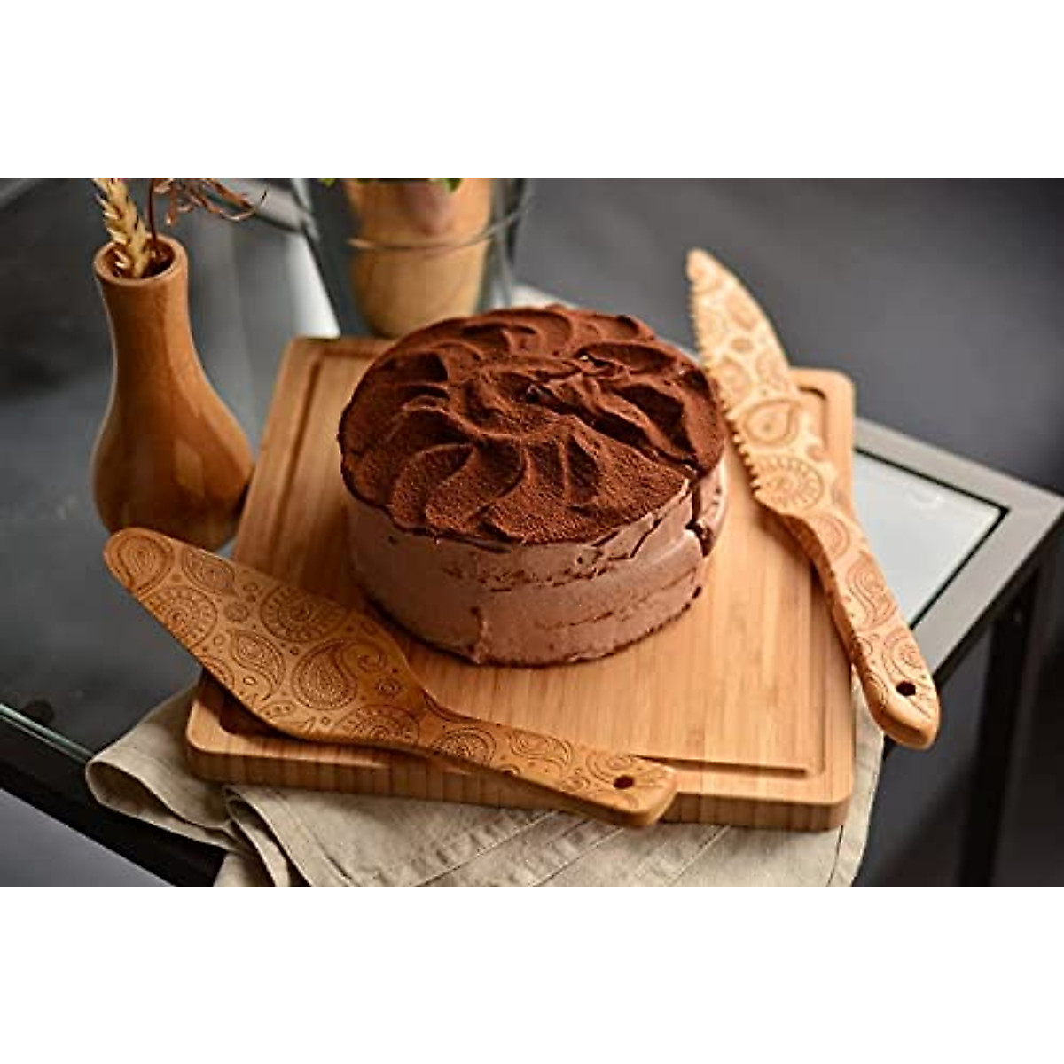 Natural Bamboo Wood Cake Knife and Serving Set, Patterned Serrated Knife and Spatula, Cake Cutting Set, Stylish and Elegant