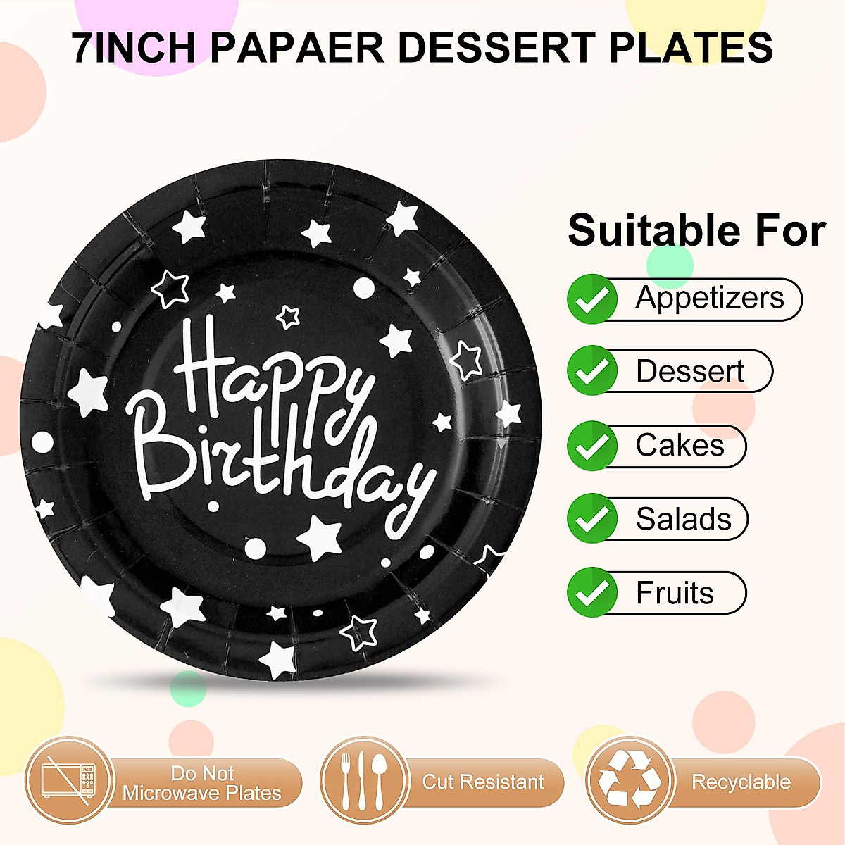 CENLBJ Happy Birthday Party Paper Plates,Black Birthday Dessert Plates,7inch-50pcs,Foil Polka Dots Paper Plates for Birthday Party Decorations