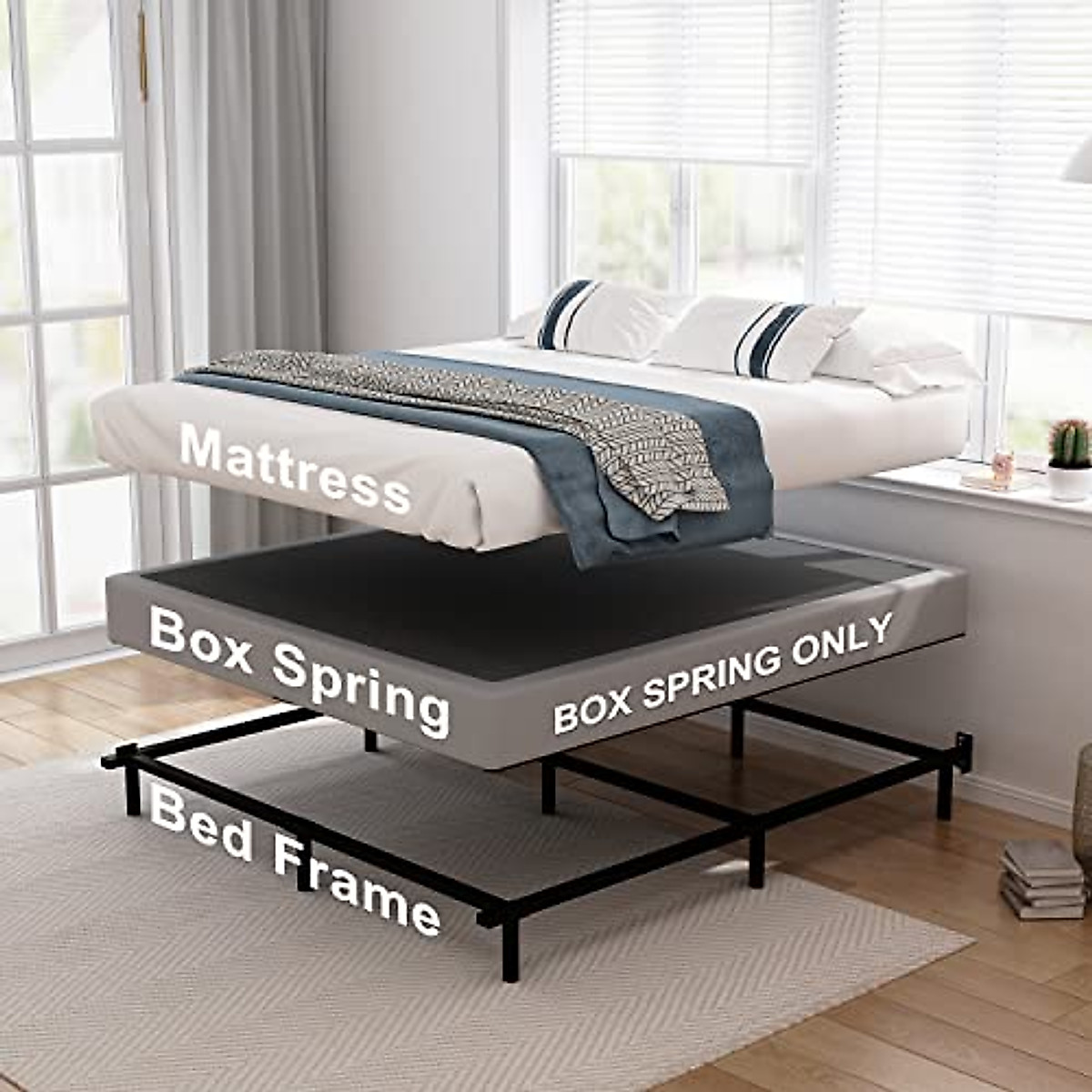 Gdduck 9 Inch Box Spring Queen,Metal Queen Size Box Only Basics Bed Base, Mattress Foundation,Black Sturdy Heavy Duty Structure with Cover,Noise Free,Easy Assembly