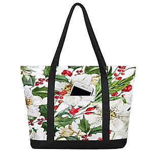 bisibuy Christmas Flowers Berries Tote Bag Tote Bag for Women Reusable Grocery Shopping Cloth Bags with Zipper Large Capacity Foldable Handbag Gym Bag for Gift Activity