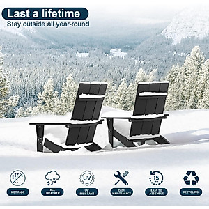 MXIMU Modern Adirondack Chair Weather Resistant with Cup Holder Oversized Fire Pit Chairs Adorondic Plastic Outdoor Chairs for Firepit Area Seating (Black)
