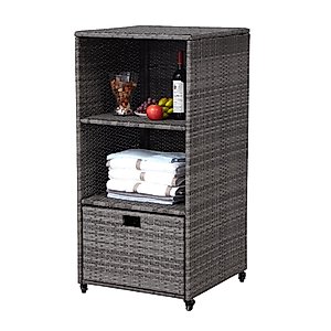 Kinsuite Outdoor Pool Towel Rack - Outdoor PE Rattan Storage Cabinet with 2 Storage Shelves & 1 Bottom Drawer for Patio Hot Tub Spa, Grey