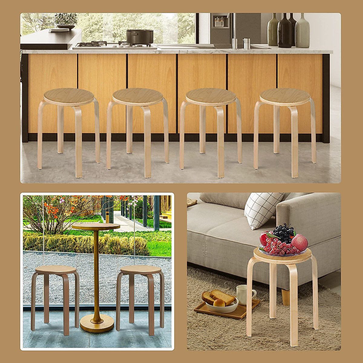 Julimoon Bentwood Round Stools, 18 Inch Backless Chairs w/Round Top & Bottom Felt Pads, Set of 4 Stackable Wood Bar Stools for Dinning, Living Room, Garden, Patio (Natural)