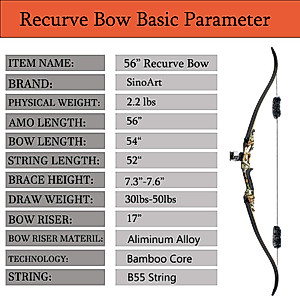 SinoArt 56" Recurve Bow with 30" Max Draw 30 35 40 45 50lb Draw Weight Right Hand Outdoor Hunting Bows&Arrows Archery Set (Camouflage) (35LB)