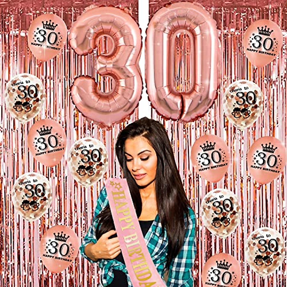 30th birthday decorations for her - (76pack) rose gold party Banner, Pennant, Hanging Swirl, birthday Balloons, Foil Backdrops, cupcake Topper, plates, Photo Props, Birthday Sash for women gift
