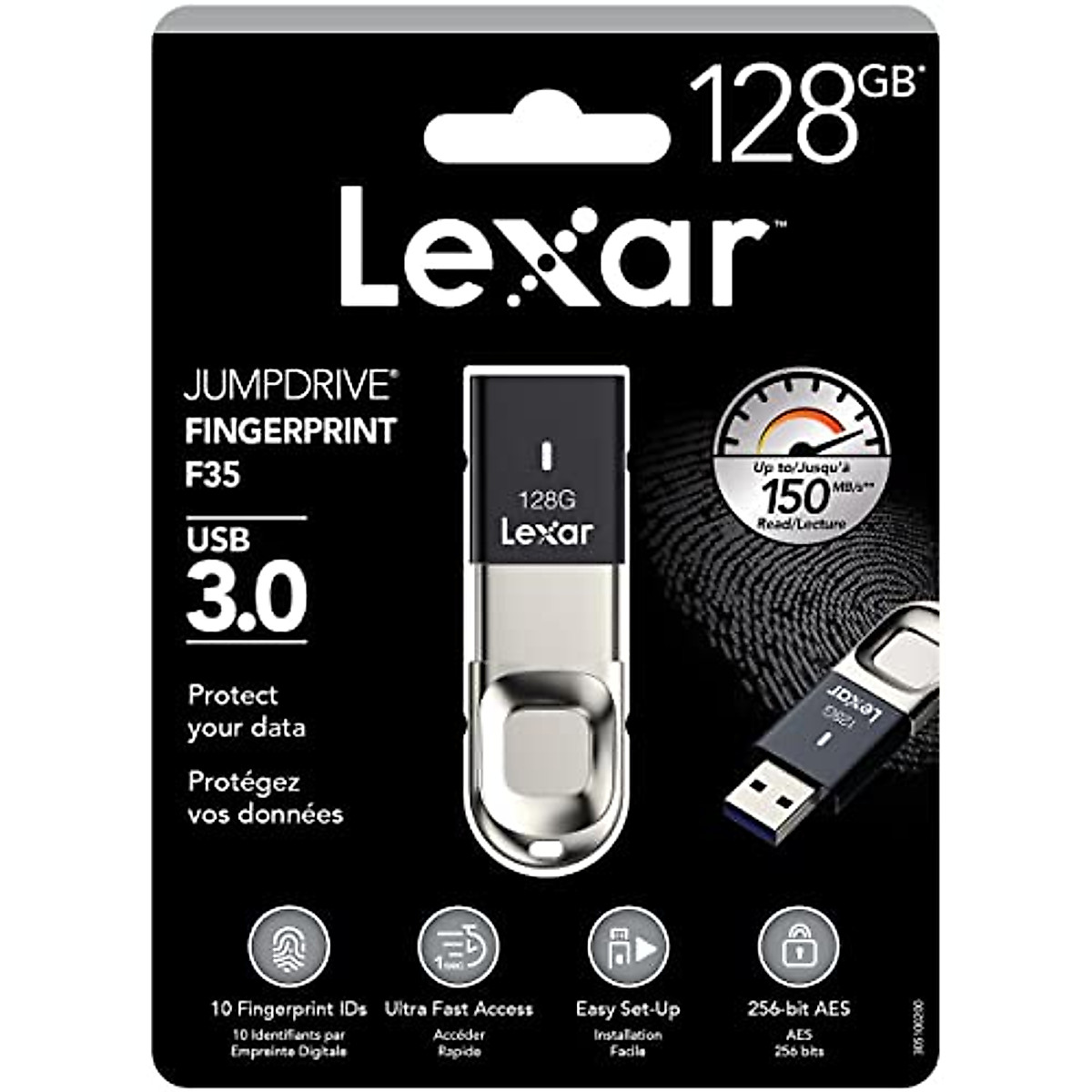 Lexar Jumpdrive Fingerprint F35 128 GB USB 3.0 Flash Drive, Black/Silver (LJDF35-128BNL)