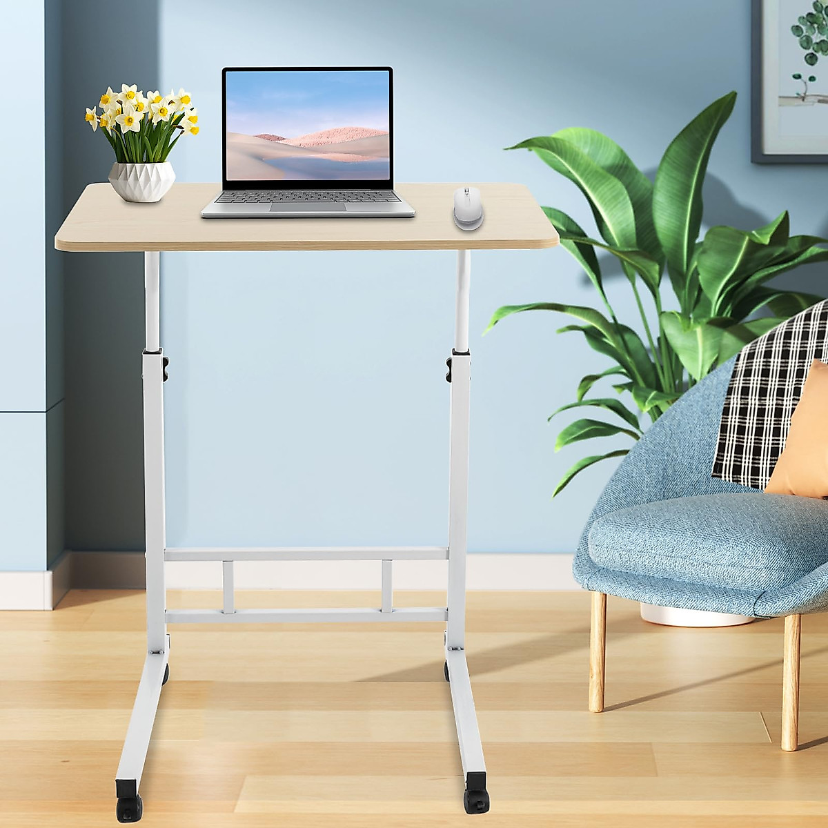 Small Standing Desk - Rolling Computer Stand with Adjustable Height - 23.62'' x 15.75'' Portable Rolling Desk Computer Desk - Laptop Desk Home Bedroom PC Table - Laptop Desk (White Maple Color)