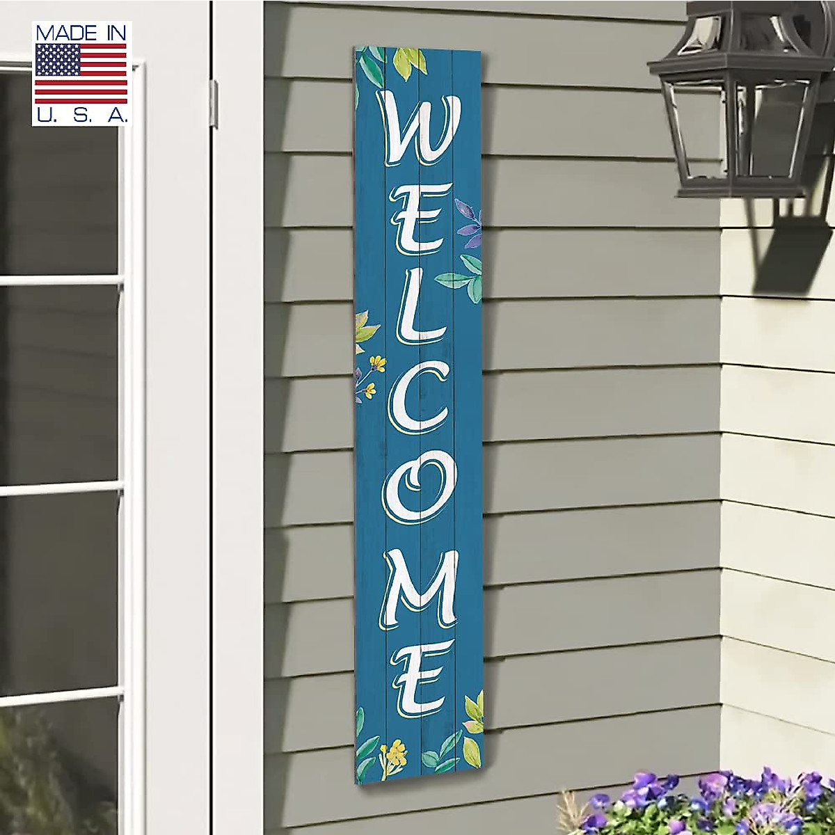 My Word! Porch Leaner Sign, 8x46.5in, Composite, Rustic Farmhouse Decorative Signage, Blue Leaves Welcome