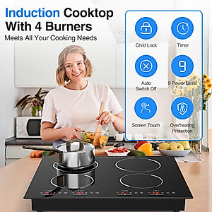 VBGK 30 inch induction cooktop, Built-in Induction Cooktop 4 Burner, Electric cooktop 30 inch 6000W,220-240V with Child Safety Lock -Touchscreen Control,Timer,9 Heating Levels (No Plug)