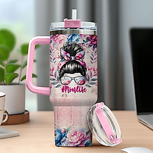 99WHALE To Rose Handle Parade For Steel Flower Mommy Eleven Momma Mama Funny, Mom Gifts, Mom Life Messy Bun Floral Nutrition Facts, Tumbler 40 Oz With Handle Lid And Straw