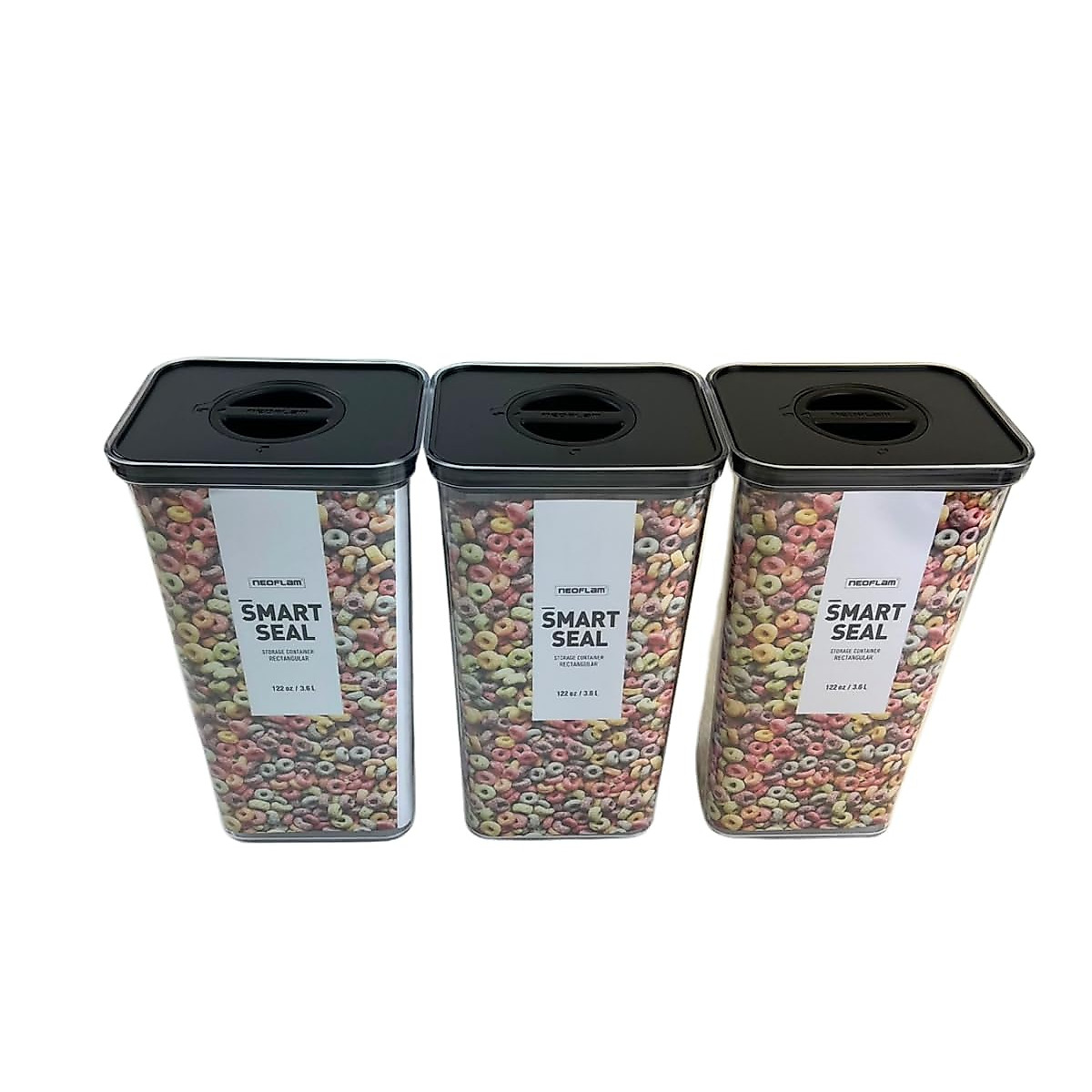 Neoflam Airtight Smart Seal Food Storage Container (Set of 3) | Crystal Clear Body, Matte Black Lid | Modular, Stackable, Nestable Design | Easy to Clean, BPA Free (Rectangle, 3,6L)