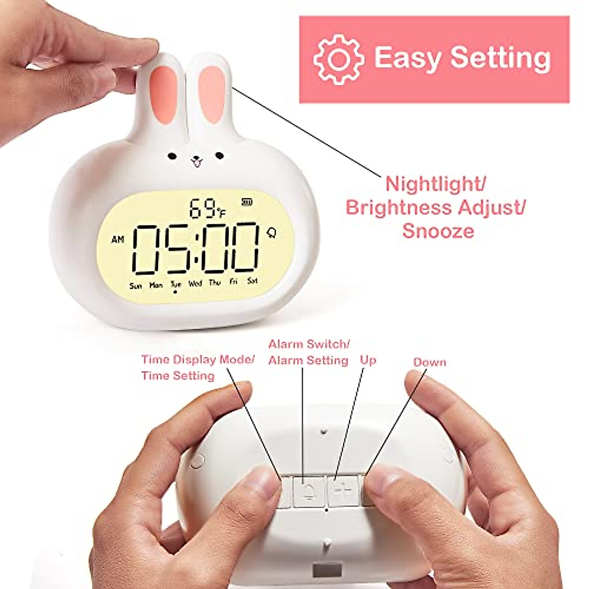 Rabbit Digital Alarm Clock with Day of Week Display, Cute Design Bunny Look, Easy Setting, Snooze, Night Light, Thermometer, Rechargeable, Kawaii Decor for Bedroom, Bedside, Adult, Kid, Gift, White