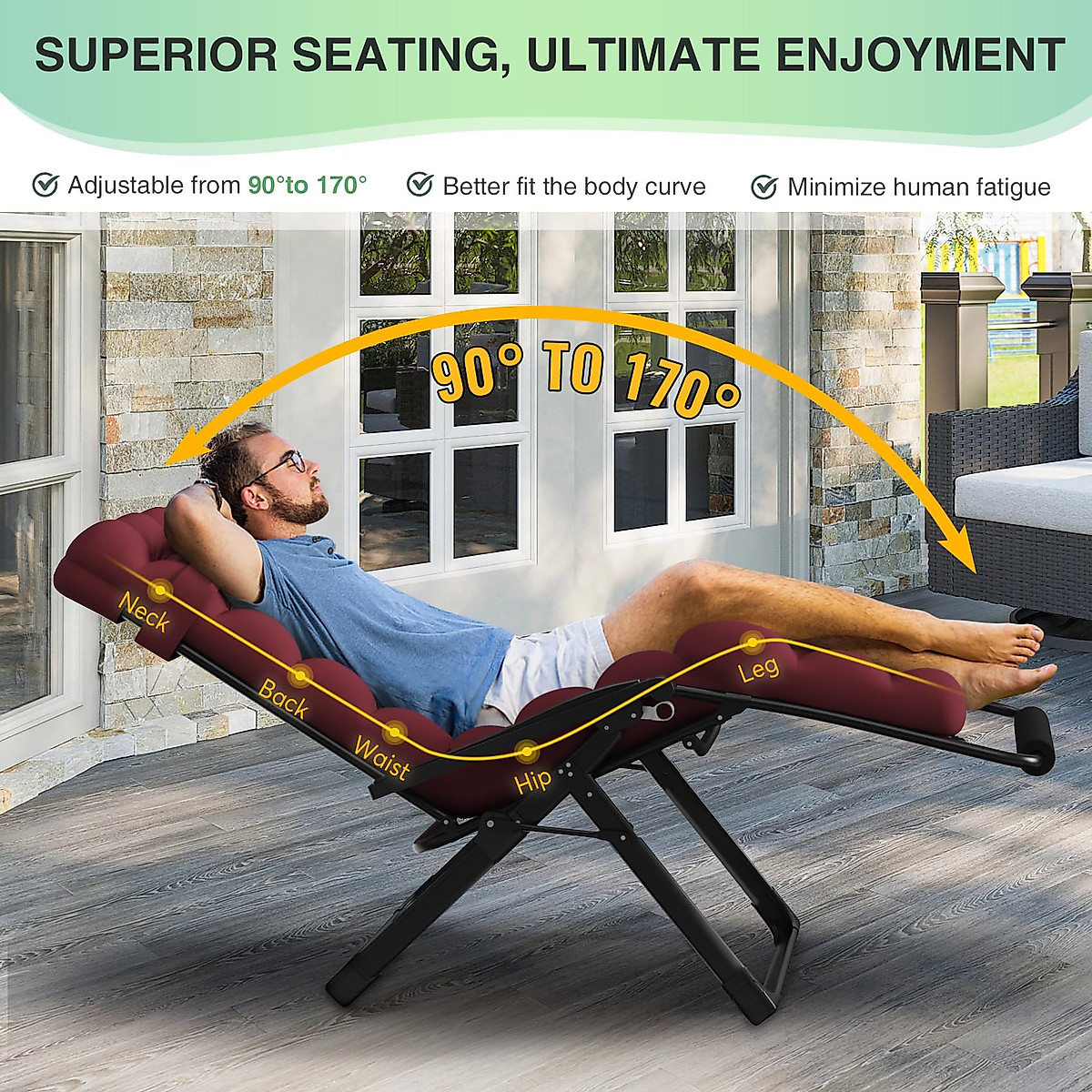 Suteck Oversized Zero Gravity Chair,33In XXL Lounge Chair w/Removable Cushion&Headrest, Reclining Camping Chair w/Upgraded Lock and Footrest, Reclining Patio Chairs Recliner for Indoor Outdoor,500LBS