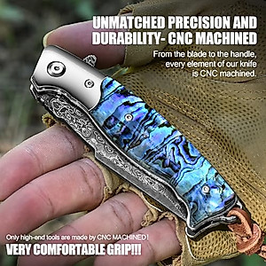 DRACHENADER Damascus Steel Folding Knife Fully CNC Machined- Heavy Duty Damascus Pocket Knife with Clip & Leather Sheath, Abalone Handle, Japanese Style, Blue - For Men
