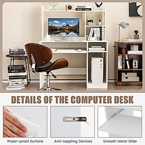 COSTWAY White Computer Desk with Storage Shelf, Wooden Writing Desk with Hutch, Office Desk with CPU Stand & Keyboard Tray, Home PC Desk with Bookshelf, for Bedroom, Study, Living Room