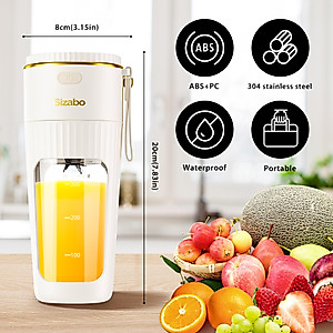Sizabo Portable Blender,Travel Personal Size Blender for Shakes and Smoothies, Beach Blender Cup Rechargeable with 10 Blades, 3000mAh Mini Fruit Juice Mixer Sport Portable Blender Rechargeable White