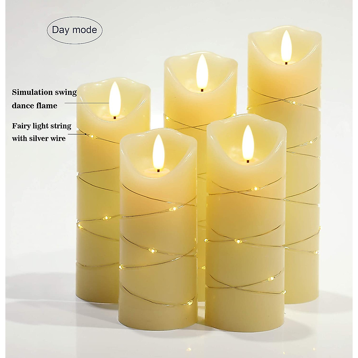 DANIP flameless Candle, with Embedded String Lights, 5-Piece LED Candles, with 10-Key Remote Control, 24-Hour Timer Function, Dancing Flame, Real Wax, Battery-Powered. (Ivory White)