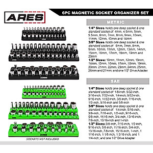 ARES 60160-6-Piece Magnetic Socket Organizers - Metric and SAE Set Black and Green -1/4 in, 3/8 in, 1/2 in Socket Holders -143 Pieces of Standard (Shallow) and Deep Sockets -Organize Your Tool Box