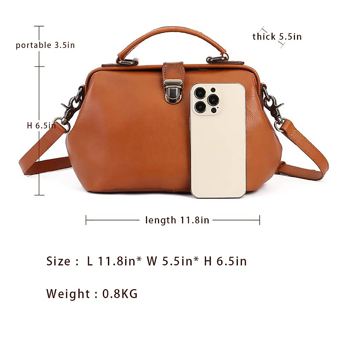 ARCOLAN Women's leather handbag retro Doctor Bag Brown Shoulder bag buckle type women's bag (Brown)