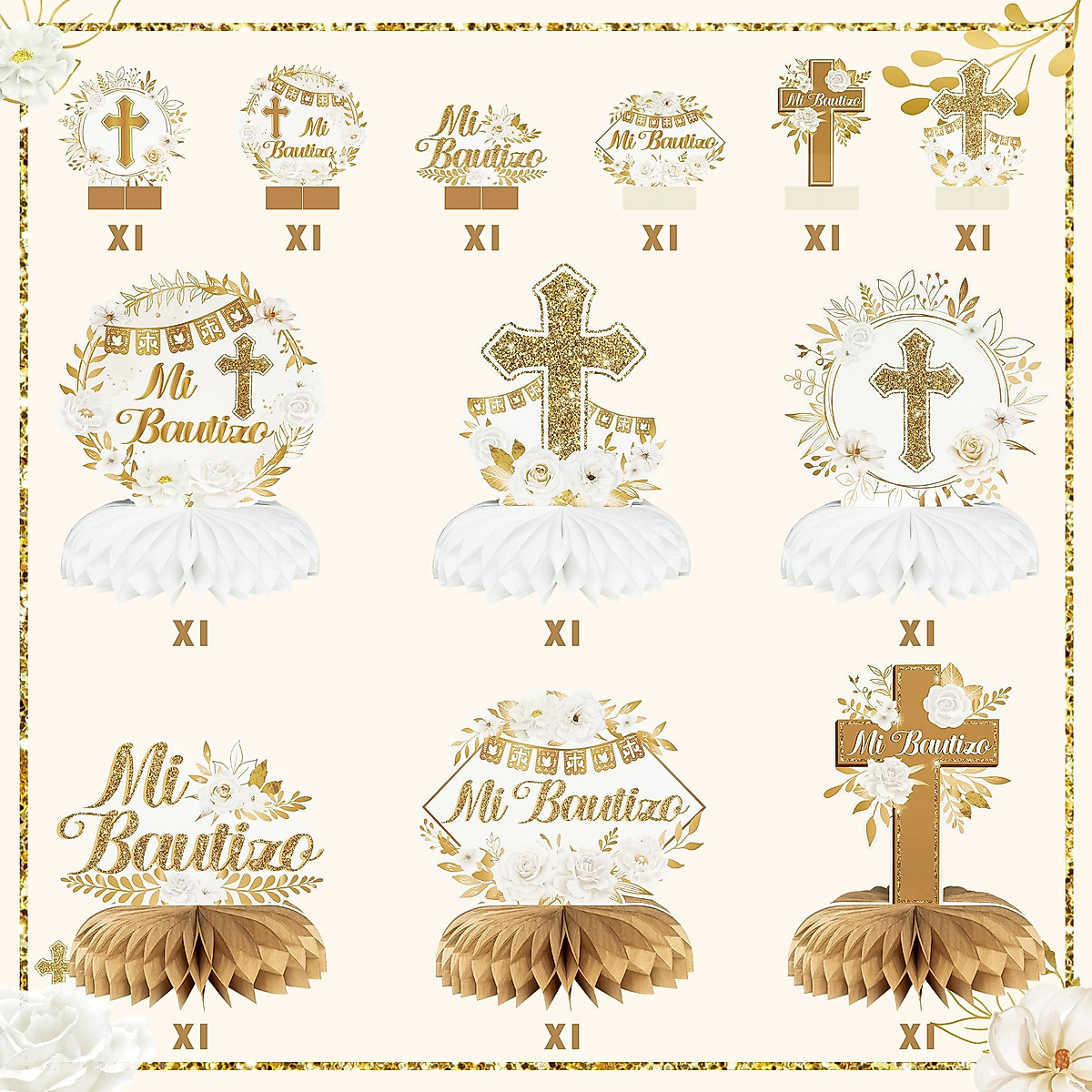 FFyhiinski Floral Mi Bautizo Honeycomb - 12P Christmas Cross Baptism Random Party Centerpiece Sage Glitter God White Religious Decor God Bless Confirmation Photo Props Girls Boys Birthday Baby Shower