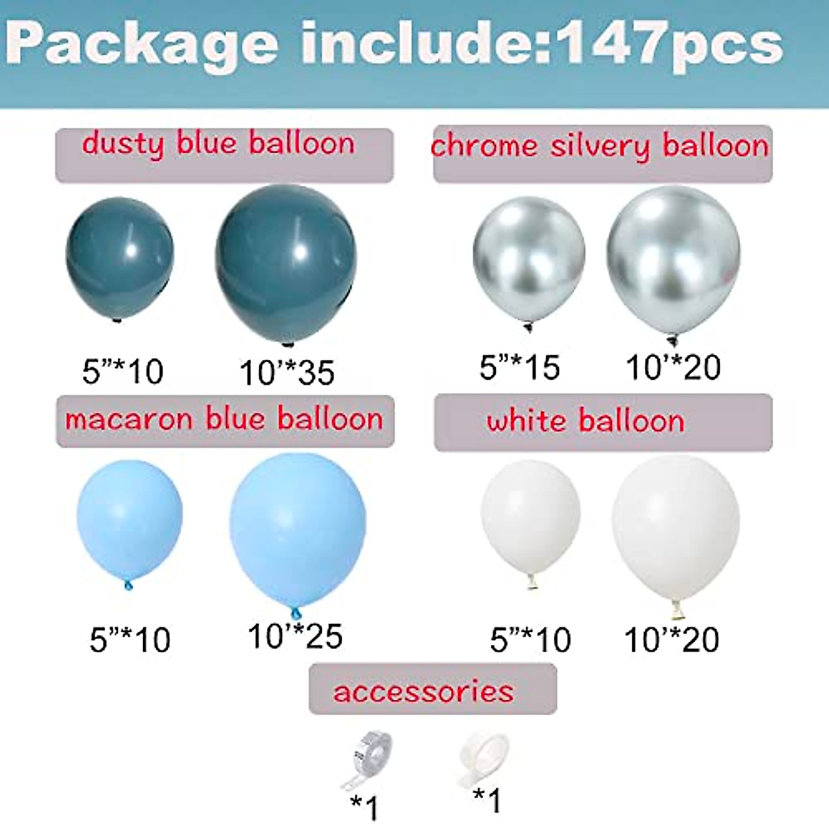 Dusty Blue Balloon Garland Arch Kit 145pcs Slate Blue White Silvery Chrome Latex Balloons for Boy Birthday Baby Shower Bridal Shower Anniversary Party Decorations