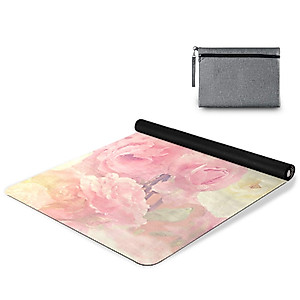 OTVEE Pink And White Roses Flowers Yoga Mat for Women Non Slip Ultra Thin 1 MM Travel Yoga Mat with Carrying Bag Suede Fitness Exercise Mat for Yoga Pilates Workout Routines Camping