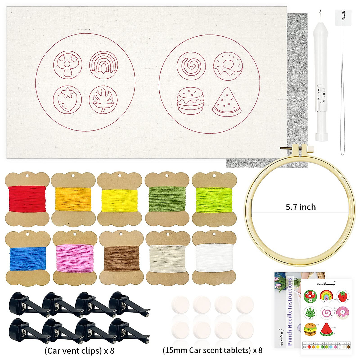 Hand U Journey Car Vent Clip Embroidery Punch Needle Kit - DIY Needlework Set for Creative Car Decor with Aromatherapy Pads and Plastic Stand