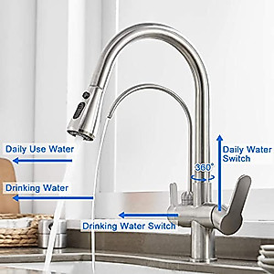 MENATT Filter Kitchen Faucet with Drinking Water Faucet, High Arc Pull Down 3-Way Kitchen Faucet, 3 in 1 Sink Cold and Hot Mixer Tap (Brushed Nickel)