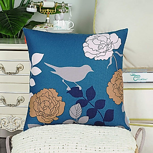 CaliTime Canvas Throw Pillow Cover Case for Couch Sofa Home Decoration Floral Cartoon Shadow Bird Silhouette 18 X 18 Inches Deep Sea Blue Ground Grey Bird