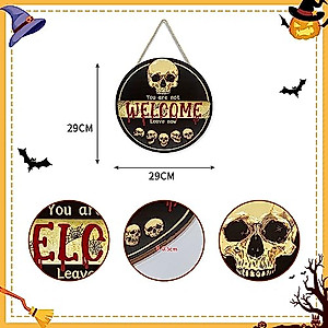 3D Halloween Skull Welcome Door Sign Halloween Front Door Hanger Decor Rustic Wood Hanging Door Wreath Wall Sign Home Party Outdoor Wall Decor