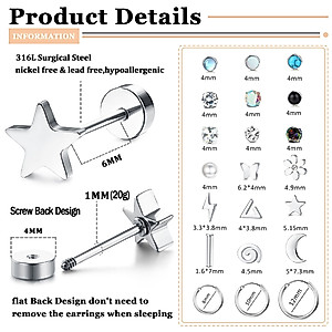 LOLIAS 21Pairs Surgical Steel Flat Back Earrings Hypoallergenic 20G Screw Back Nap Stack Cartilage Earring Stacks