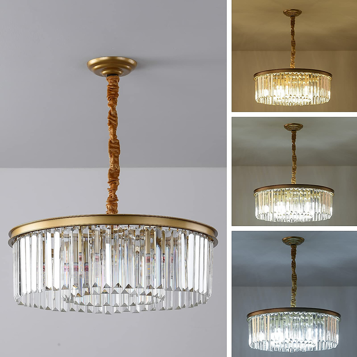 Laiuetai Gold Modern Crystal Chandelier, 2-Tier Round Flush Mount Ceiling Light Fixtures Height Adjustable Pendant Lighting for Dining Room Living Room Bedroom Kitchen Hotel Foyer