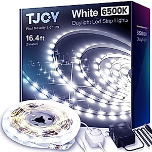 TJOY White LED Strip Lights, 16.4 Ft Vanity Mirror Lights Bright 6500K Daylight White, Dimmable and Strong Adhesive, Flexible Cuttable DIY Lighting for Bedroom Bathroom Makeup Mirror Kitchen Cabinet.