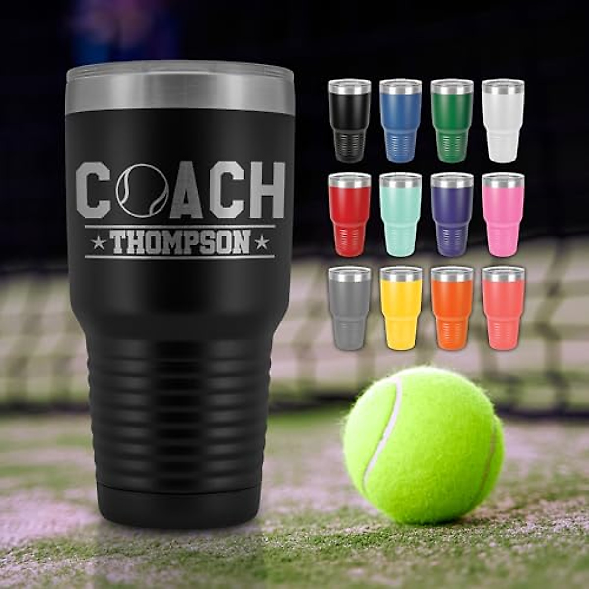 Personalized Tennis Coach Tumbler Cup With Coach Name - Customized Tennis Coach Gift - Custom Tennis Coach Travel Mug - Black