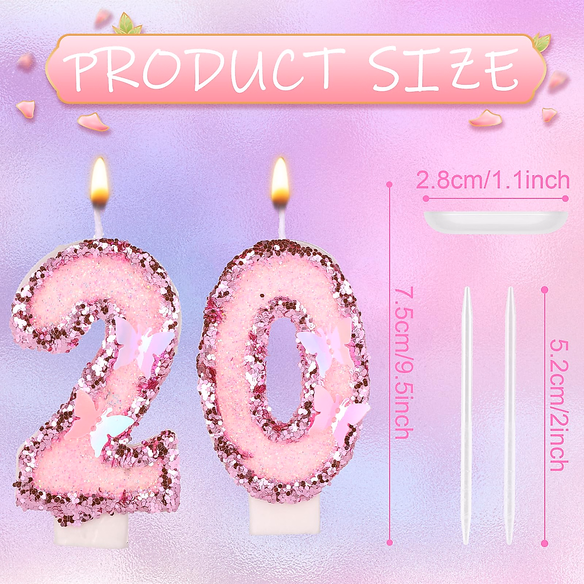 Girls Birthday Number 20 Candles, 2.95in Glitter Butterfly Happy Birthday Cake Toppers Pink Sequins Wedding Numeral Cupcake Decorations for Anniversary Celebration Party Supplies (20th)