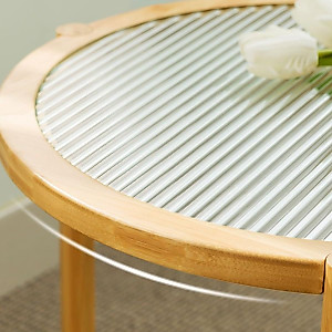 Gdrasuya10 Modern Bamboo Side Table End Table, 2 Tier Round Side Table with Rattan Shelf Glass Tabletop Accent Table Night Stand Bohemia Style for Living Room Balcony (22 inch)