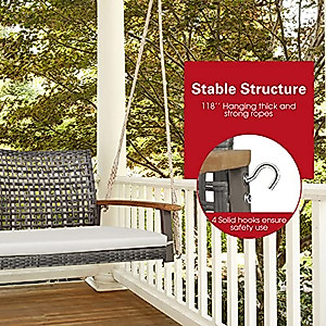 Tangkula 2-Person Outdoor Porch Swing with 118" Hanging Ropes, Patiojoy PE Wicker Patio Hanging Swing Bench with Soft Seat Cushion & 800 Lbs Weight Capacity, Suitable for Patio, Garden (Off White)